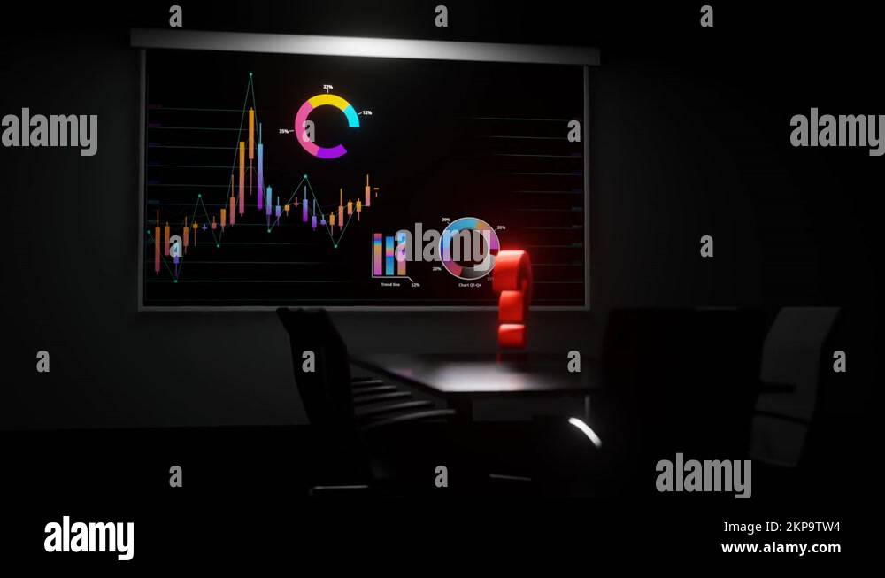 3D question mark on meeting room table with stock market related charts ...