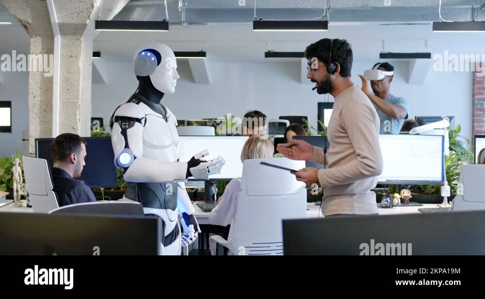 Indian Man Speaking To Robot In Office Male Developer Checking Work And Moves Stock Video 