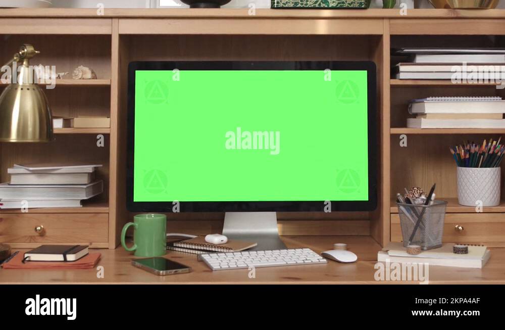 Desktop Computer with Green Screen in Home Office Interior Stock Video ...