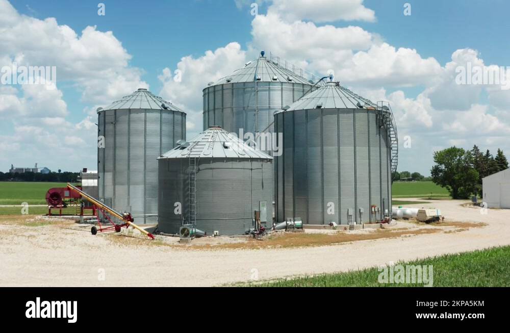 Industrial agricultural farming grain bin silos on countryside farm ...