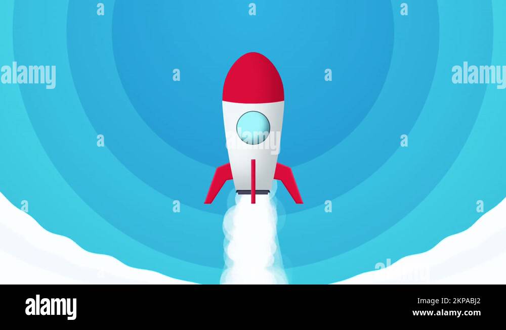 Seamless Loop Cartoon Startup Rocket Jet flying up into the blue sky ...