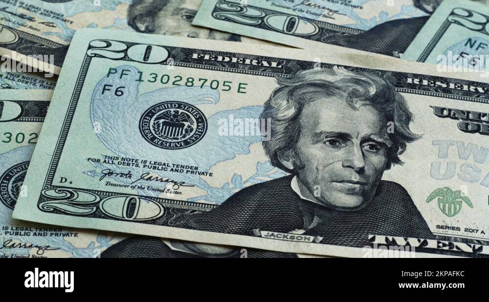 Andrew Jackson in 20 dollar bills USDs among many 4k Stock Video ...