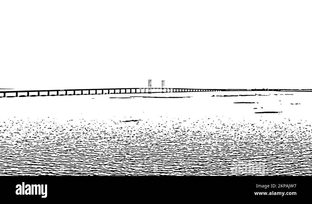 Sketch doodle style. Oresund bridge. A long tunnel bridge with an ...