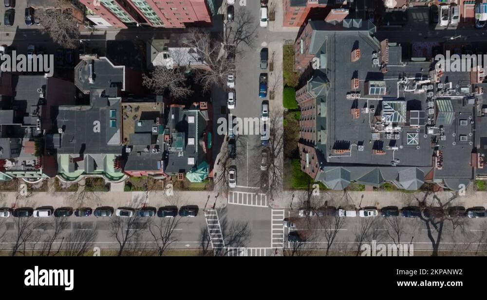 Apartment buildings and streets in residential urban borough. Birds eye ...