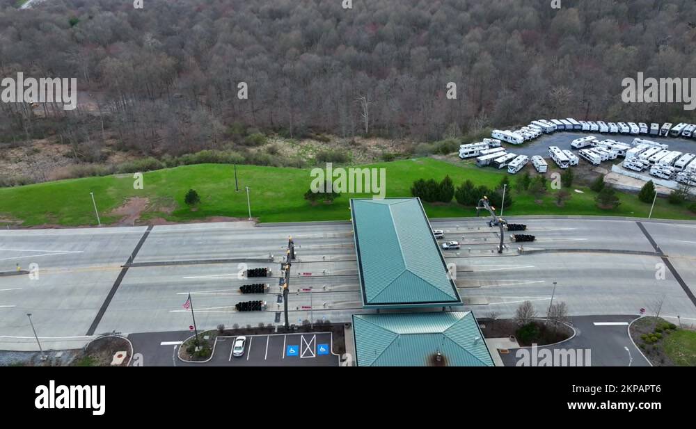 Toll booth plaza for highway turnpike travel. Vehicle scan ez pass for ...