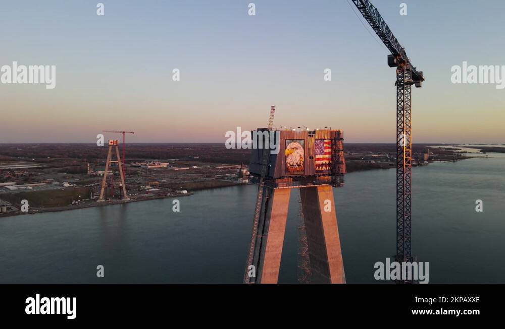 Orbiting view of Gordie Howe Bridge Suspension tower in stunning ...