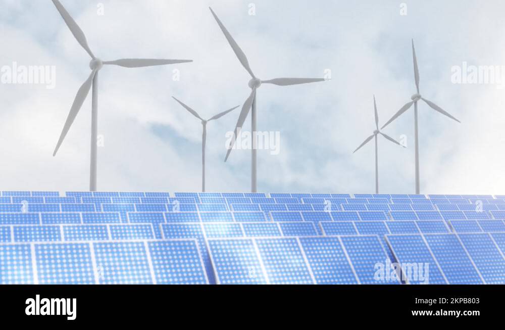 Solar panels and wind turbines 3d rendering looping animation Stock ...