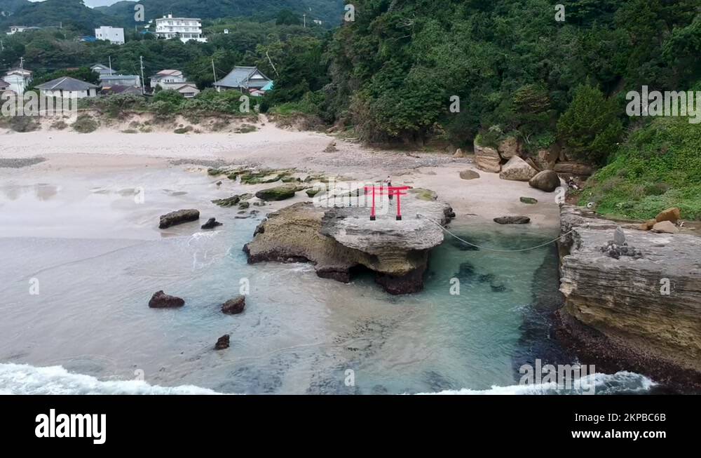 White Sand Beach Of Shirahama With Red Torii Gate On The Rock. Izu ...