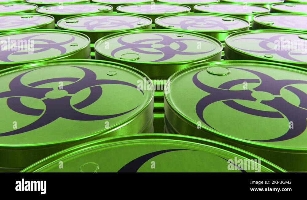 Green toxic waste barrels with Biohazard symbol looping 3D animation ...
