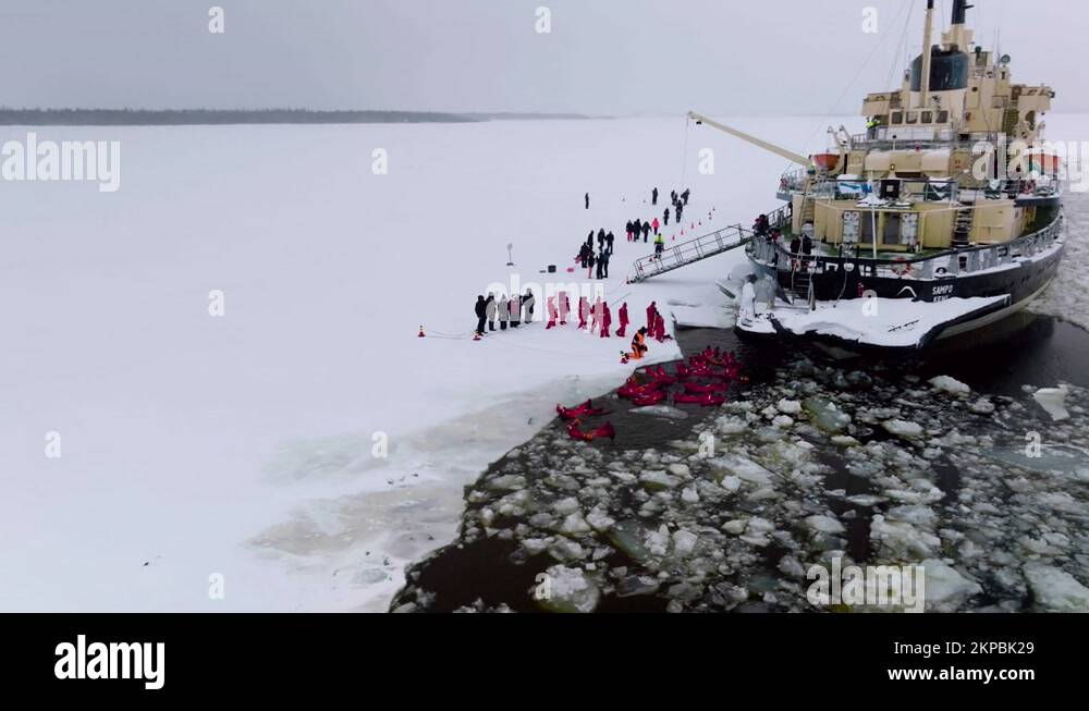 People From The Icebreaker Ship Floating In The Frozen Sea Of Bothnia ...