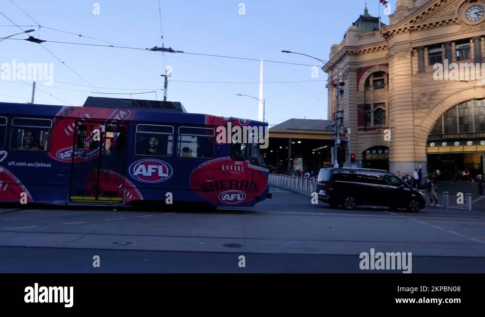 Melbourne Flinders Street Station intersection pedestrian crossing with ...