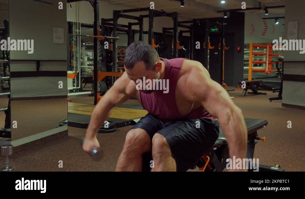 Bodybuilder performs exercise with dumbbells on muscles of the back and ...