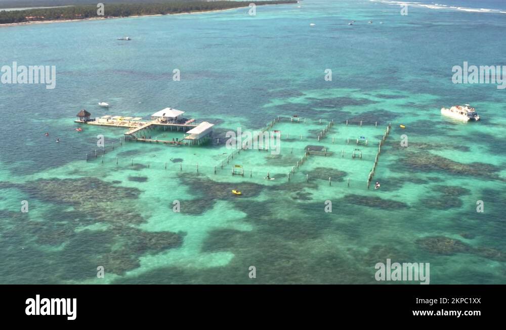 Dolphin explorer sea attraction and anchored boats, Punta Cana, drone ...