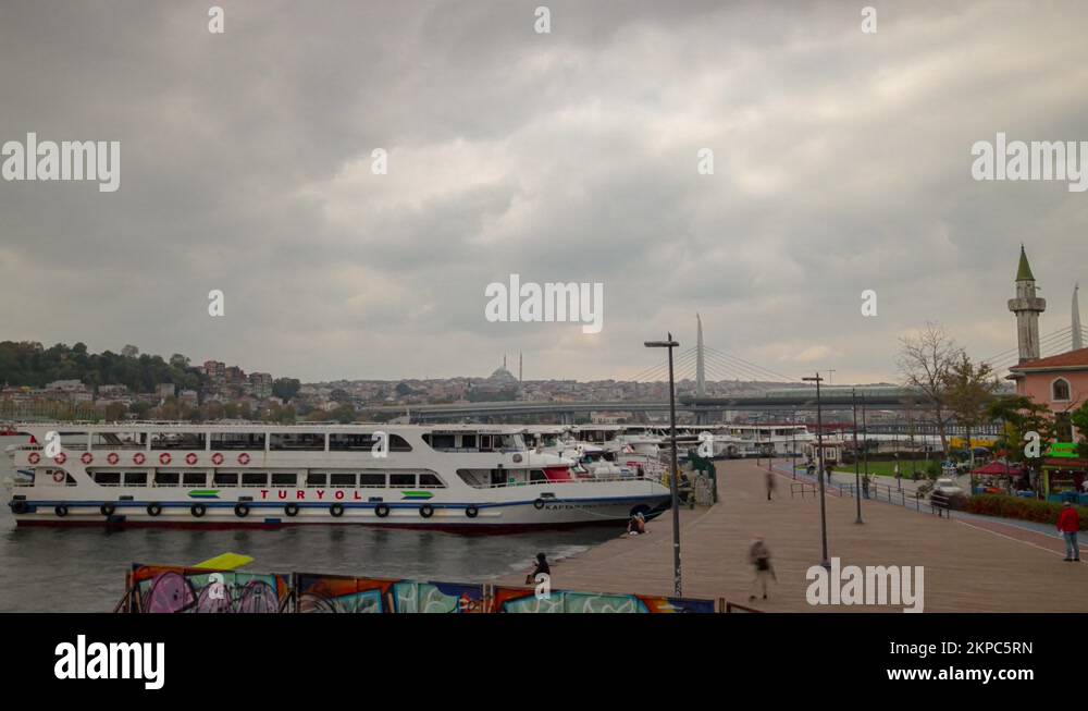 istanbul city riverside ferry dock walking bay bridge 4k timelapse ...