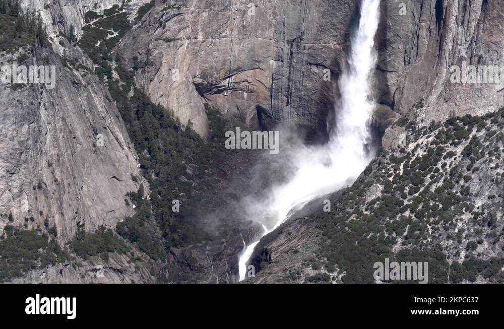 Yosemite falls upper and lower segments with rainbow mist, Tilt down ...