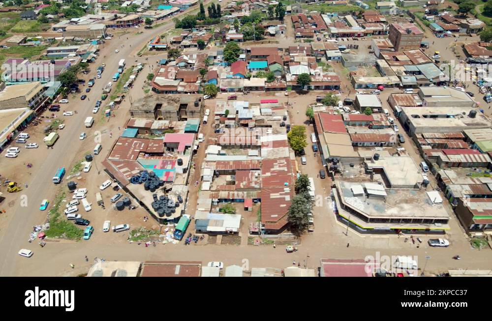 Aerial drone view Open Air market in the Loitokitok town, Kenya and ...