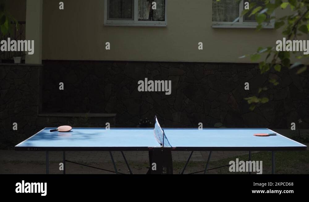 Blue folding table tennis table with net, rackets on sun in front of ...