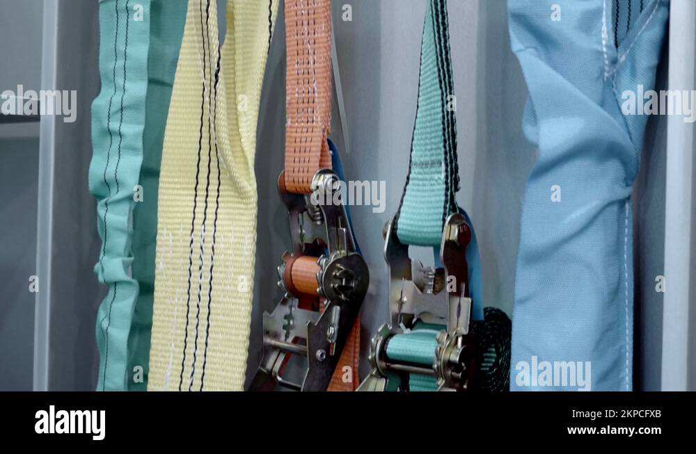 Different types and sizes are presented the lashing strap for fixing loads Stock Video Footage ...