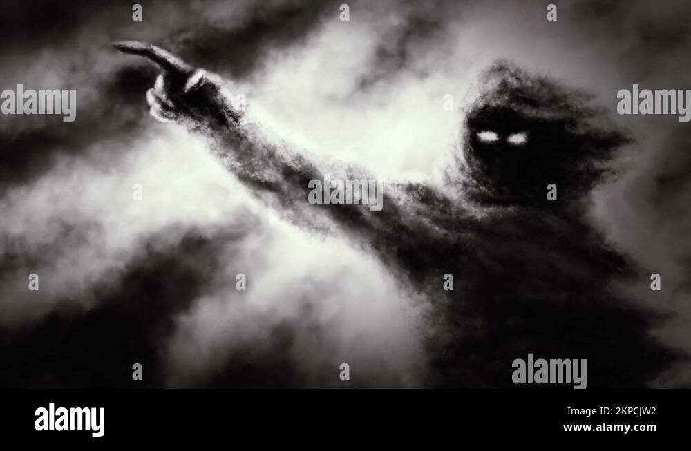 Shadow monk shows direction with his hand in light of darkness. 2D ...