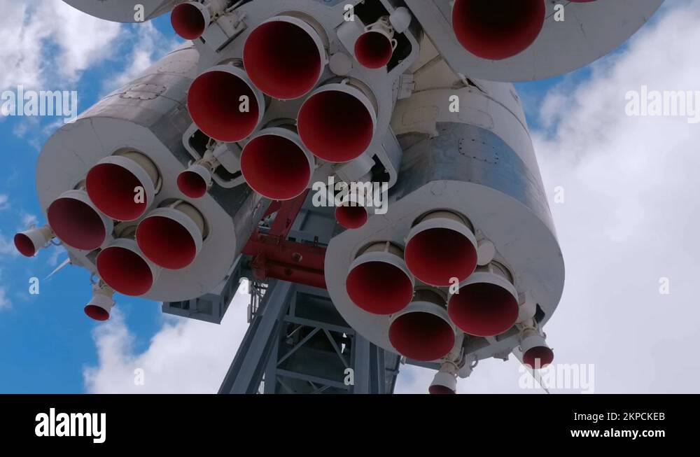 Space rocket on launch complex, four powerful jet engines with multiple ...