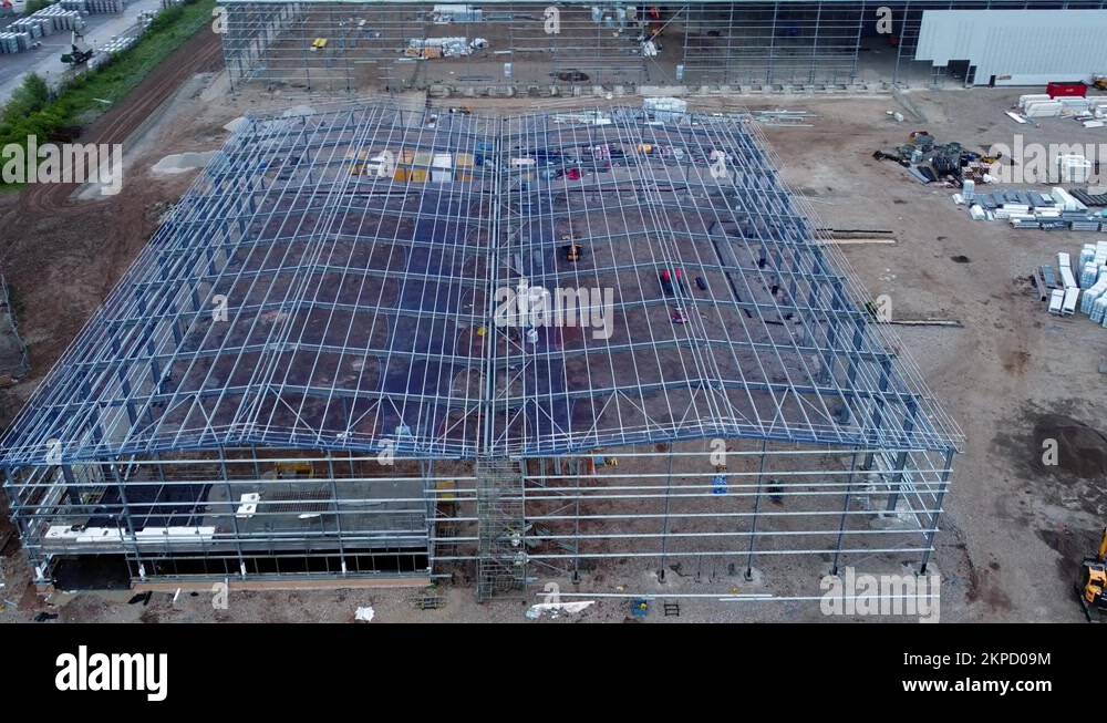 Unfinished modern industrial building construction site steel framework ...