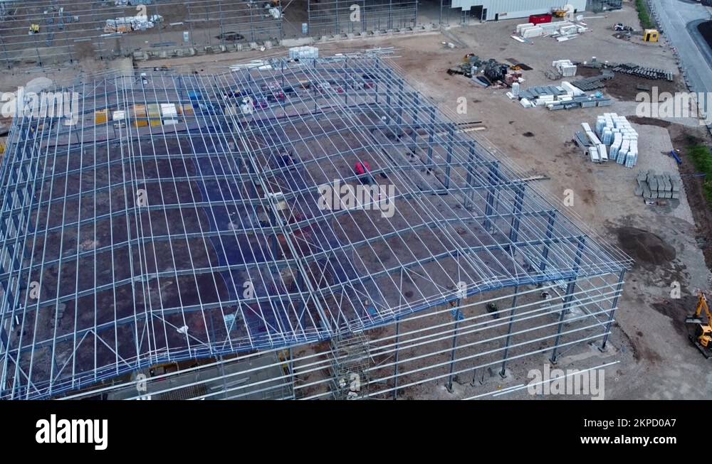 Unfinished modern industrial building construction site steel framework ...