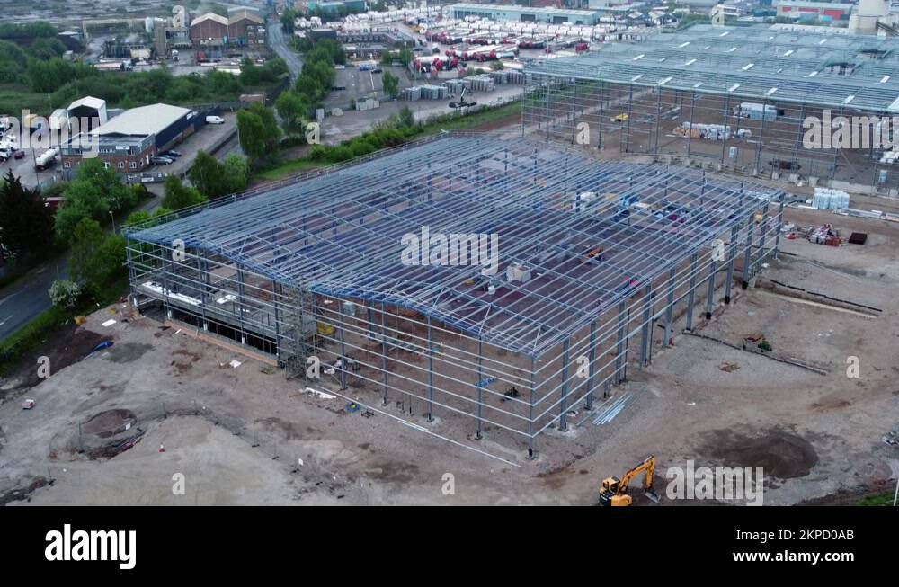Unfinished modern industrial building construction site steel framework ...
