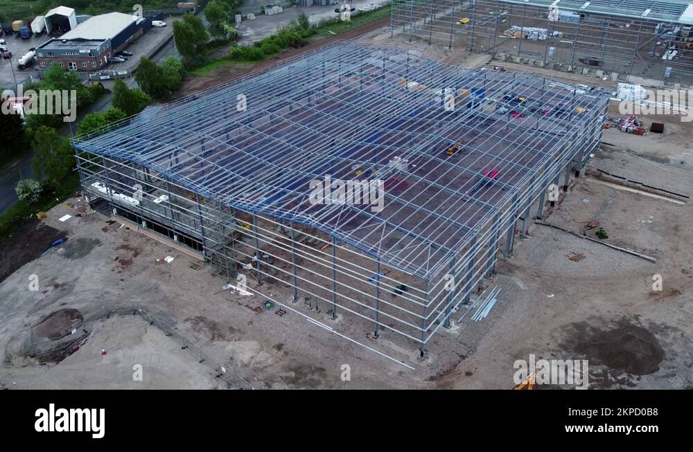 Unfinished modern industrial building construction site steel framework ...