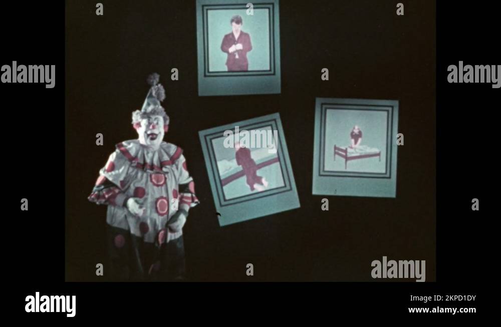 1950s: Clown points to a picture of a boy praying. Slate. Clown ...