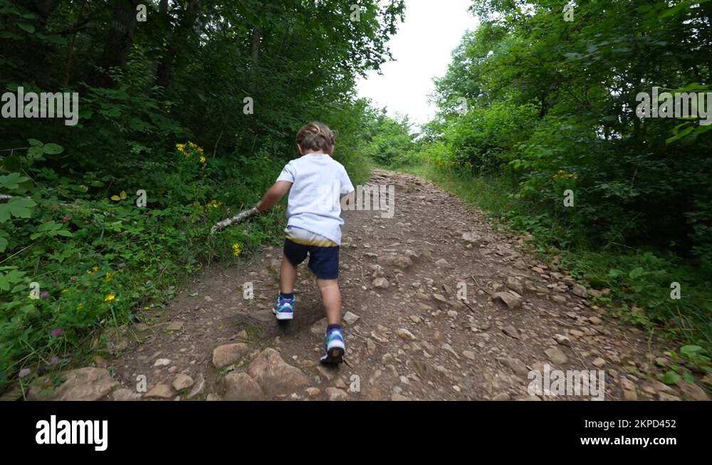 Child hiking outdoors small boy going up hill stepping on rocks kid ...