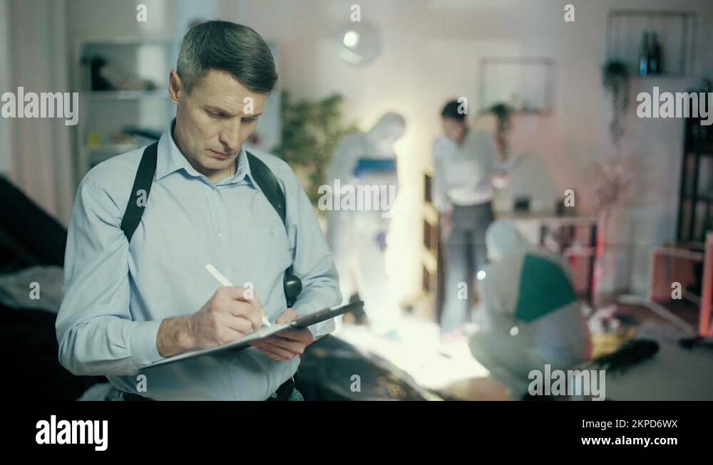 Detective filling out forms at crime scene, forensic experts collecting ...