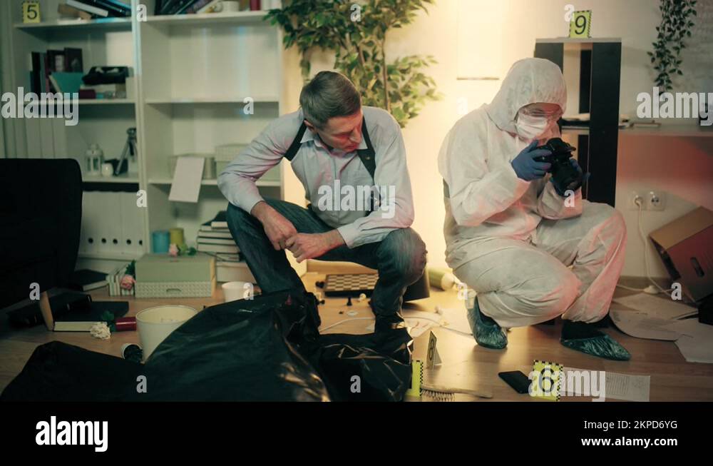 Crime lab worker talking with detective at crime scene, colleagues at ...