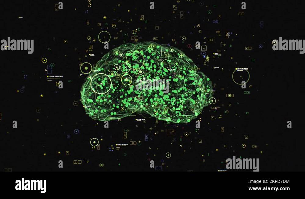 Rotation neon green human brain grid cyberspace structure particles ...