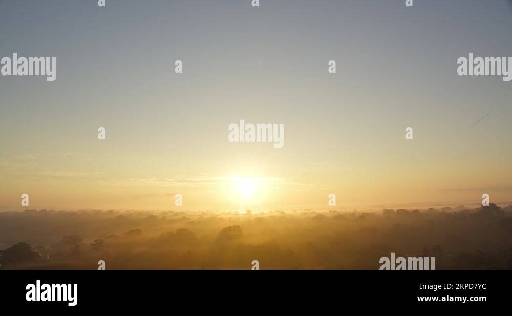 Hazy tree tops of a tropical rainforest during sunset, pan down shot ...