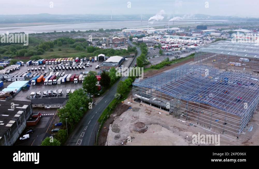 Incomplete industrial building construction site steel framework and ...