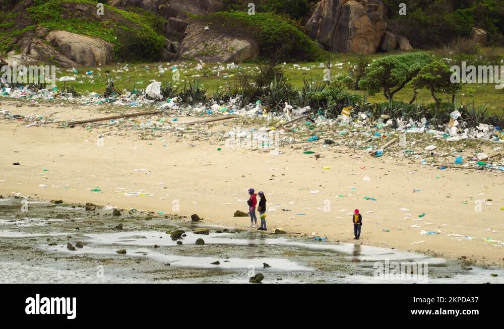 Tropical Asia beach with waste trash pollution, different kinds of ...