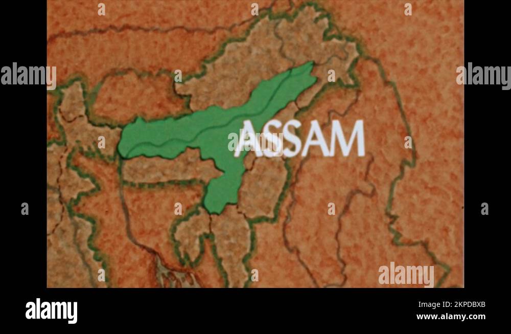 1950s: Map of India, Assam, Brahmaputra highlighted. Aerial view, roads ...