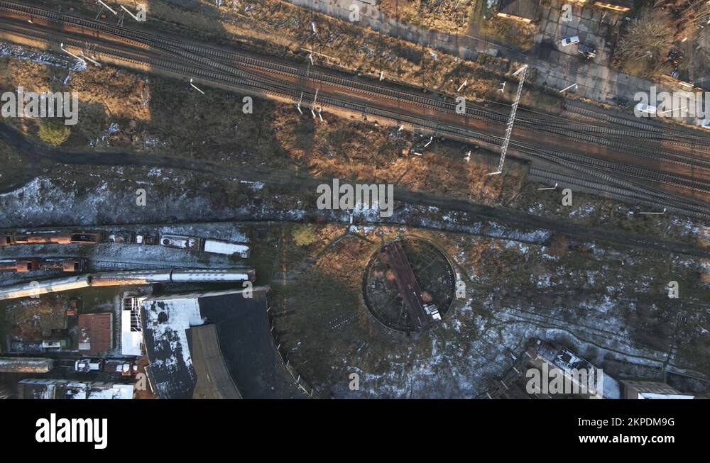Top down view of old and abandoned locomotive depot. Polish railways ...