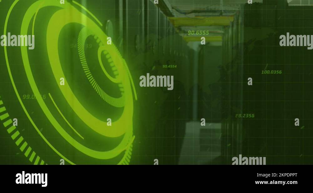 Yellow neon glowing round scanner and multiple numbers floating against ... Yellow neon glowing round scanner and multiple numbers floating against ...