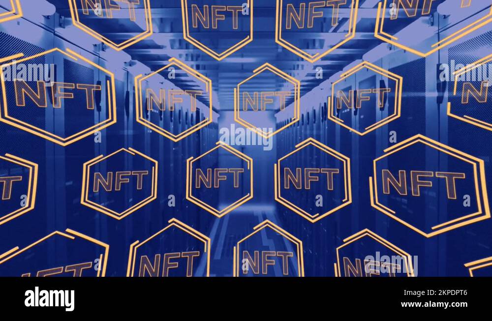 Nft text on multiple hexagonal shape icons floating against computer server room Stock Video ...
