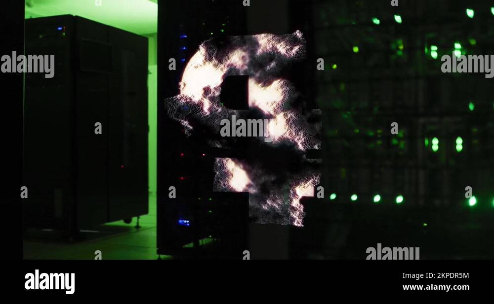 Pound symbol spinning against computer server room in background Stock ...