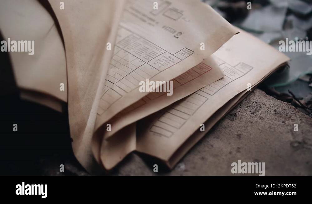 The pages of an old paper magazine with tables are turned over by the ...