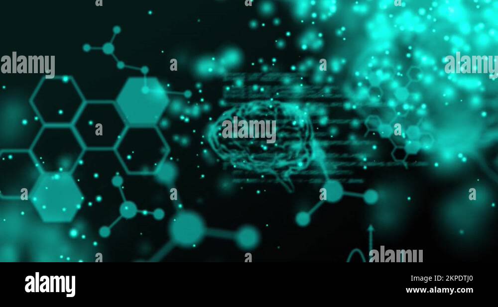 Human brain, chemical structures and data processing against black ...