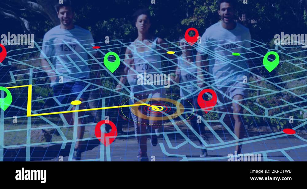 Navigator pin over navigation map line scheme against group of diverse ...