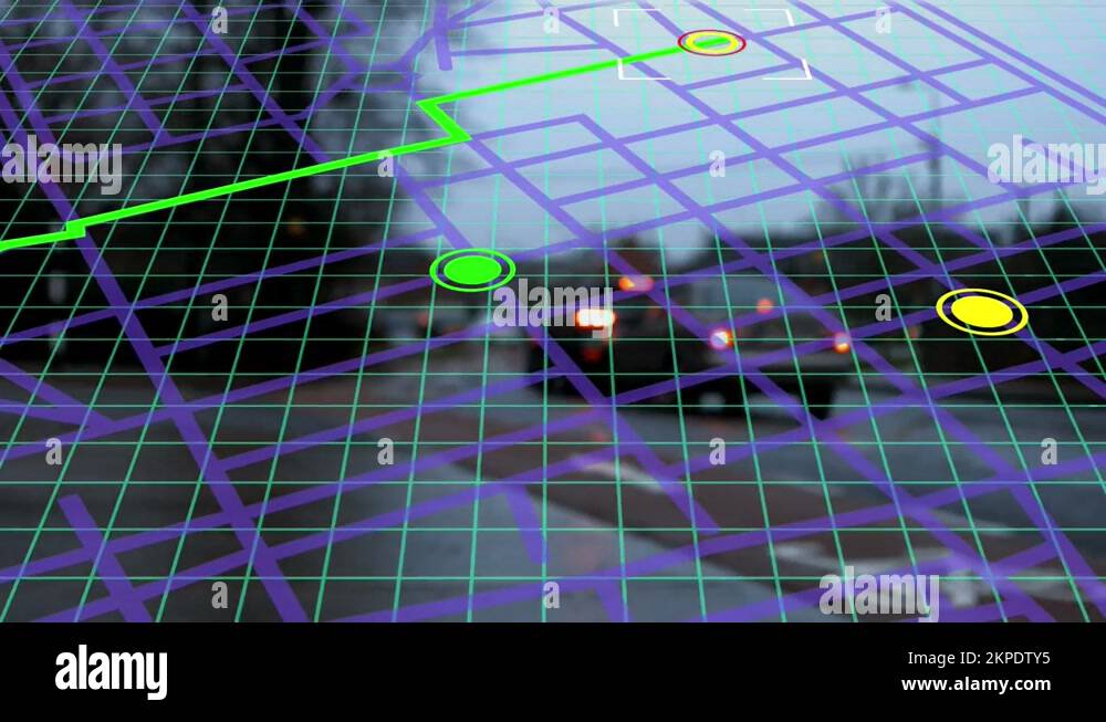 Scope over navigation map line scheme against night city traffic in ...