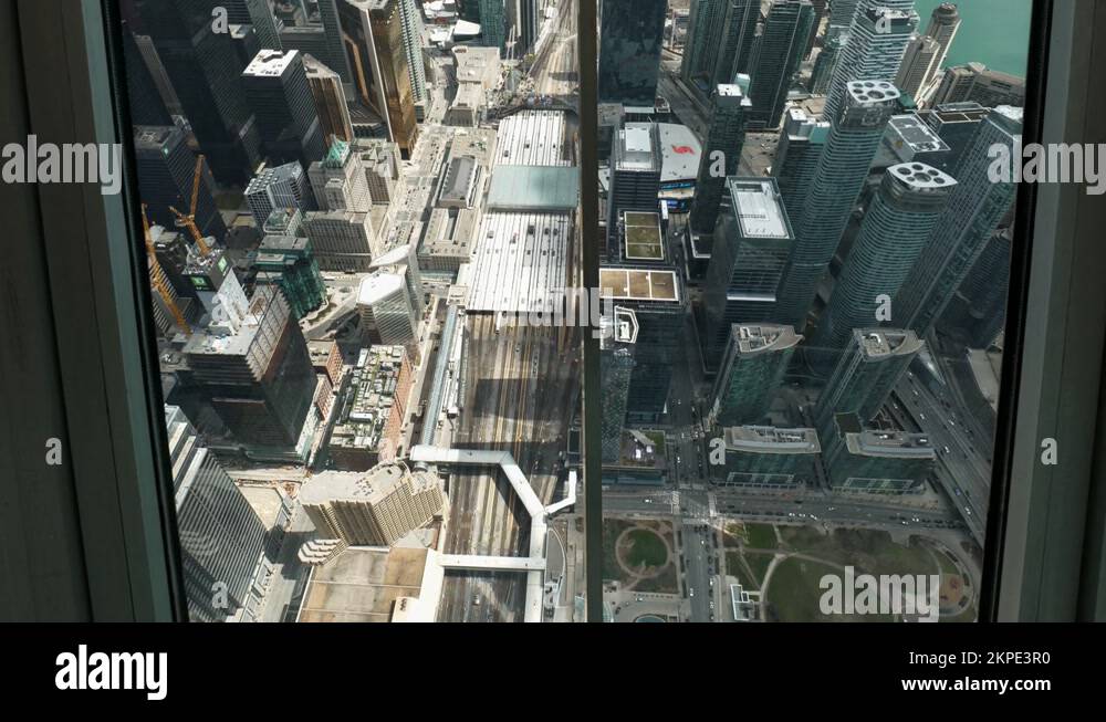 Wide view from CN Tower of train entering Union Station Stock Video ...