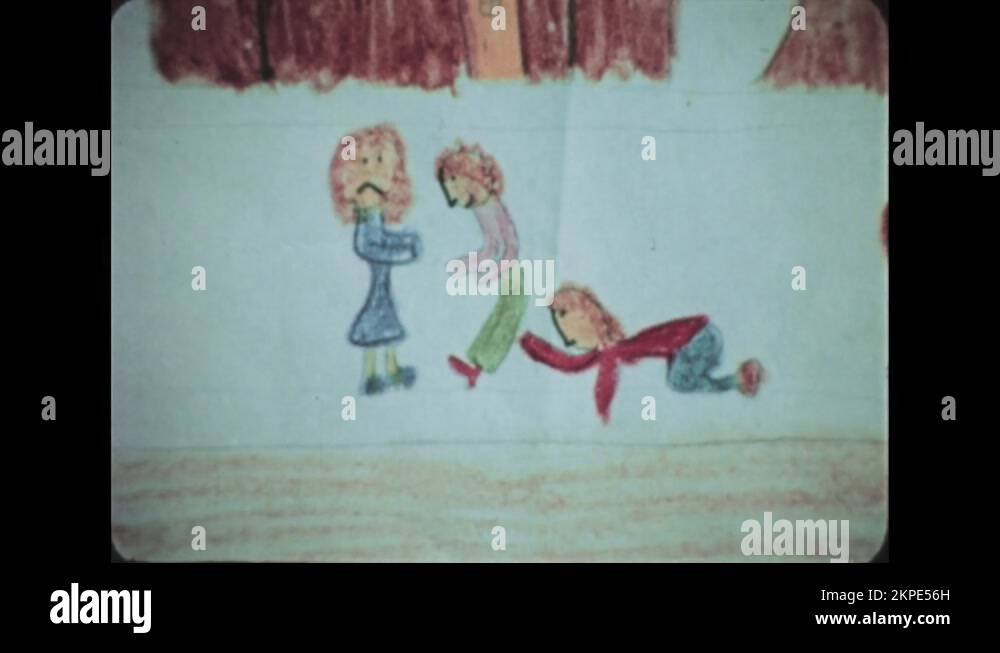 1970s: Children's drawing of kids falling down. Group of children walks ...