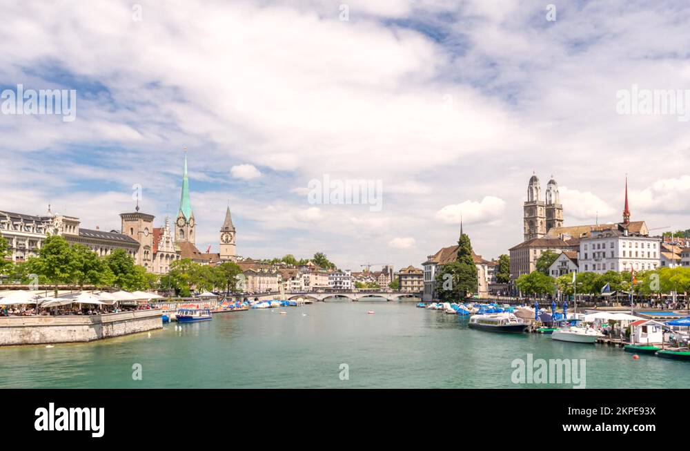 Zurich Switzerland time lapse 4K, city skyline timelapse at Limmat ...