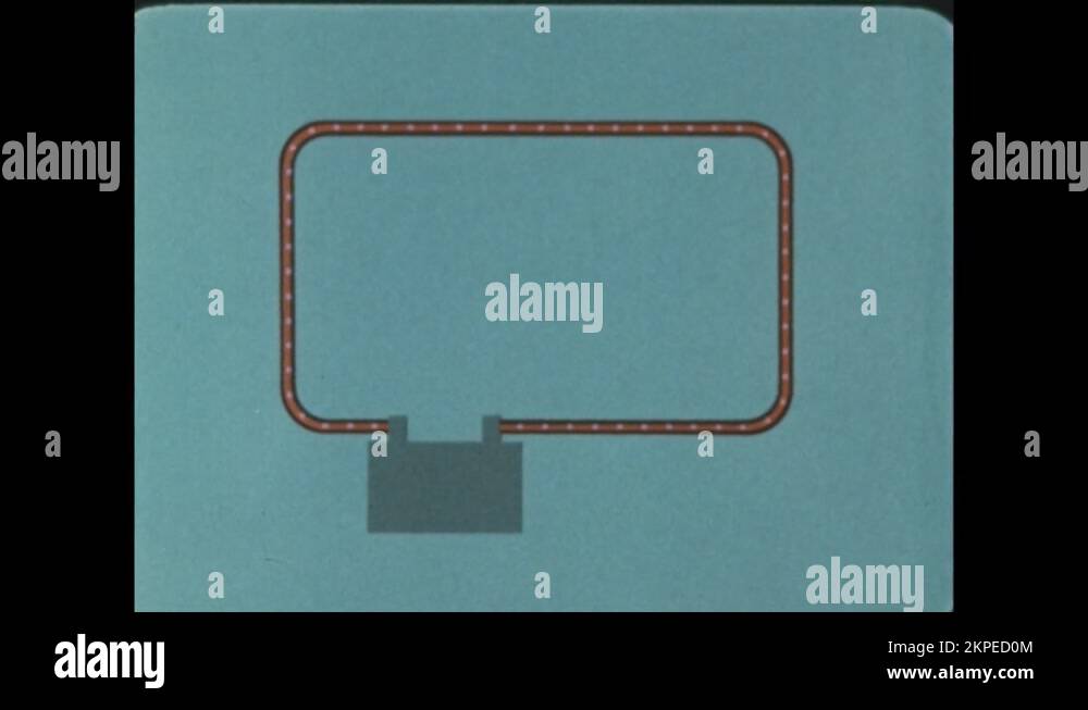 1980s: Illustration of car battery. Current flows between poles ...
