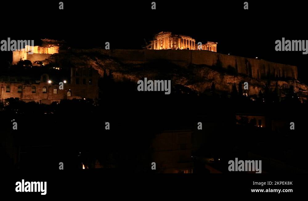 Night shot of the Acropolis and Parthenon on the hilltop in Athens, Greece Stock Video Footage ...